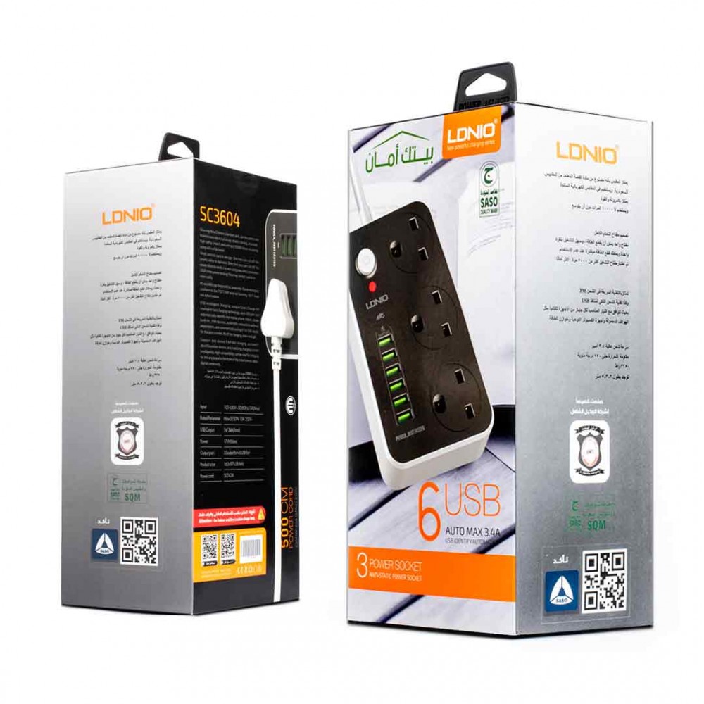 توصيلة كهربائية LDNIO SC3604 5M مقاومة للحريق بثلاثة مقابس و 6 منافذ USB
